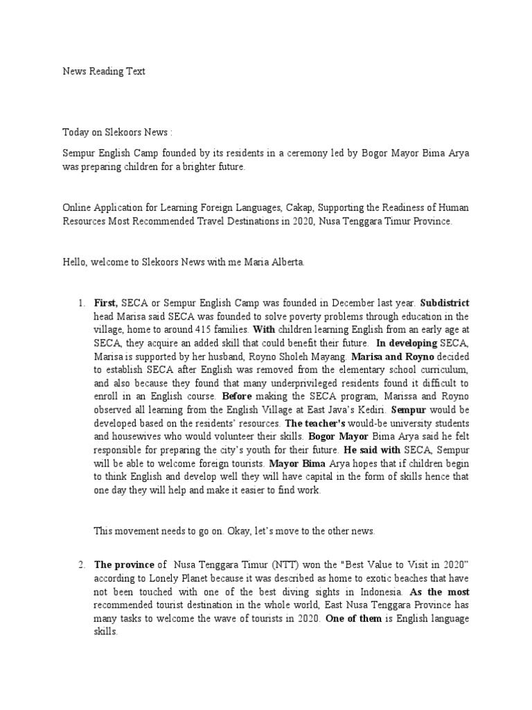Example of News Reading Text | PDF | Learning | Cognition