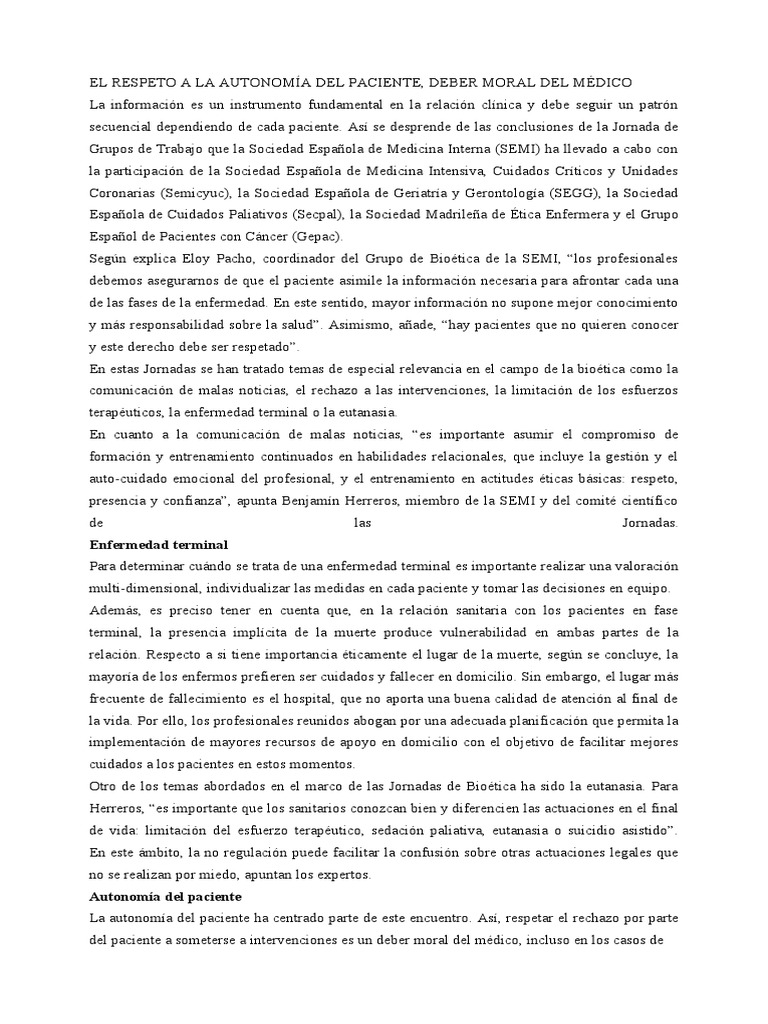 El Respeto A La Autonomía Del Paciente | PDF | Medicina | Bioética