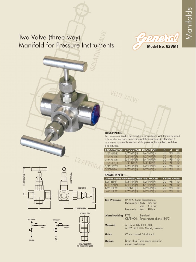 Two-Valve Manifold for Pressure Instruments | PDF | Valve | Hydraulics