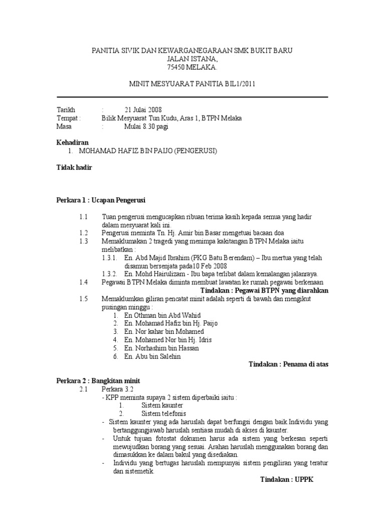 Contoh Format Minit Mesyuarat | PDF