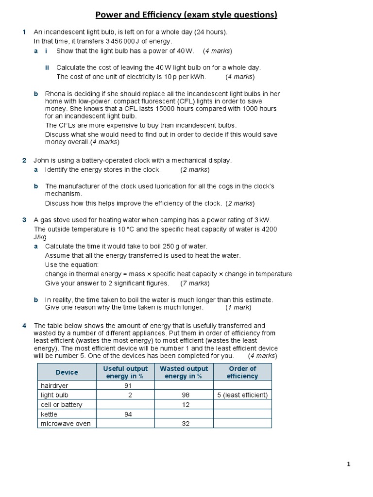 P7 CHW4 Power and Efficiency Questions | PDF | Compact Fluorescent Lamp ...