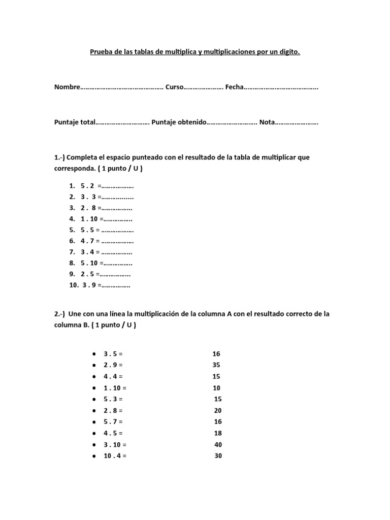 Prueba de Las Tablas de Multiplica y Multiplicaciones Por Un Digito | PDF