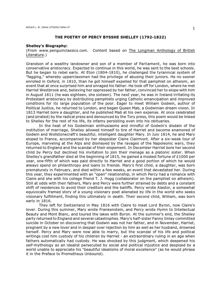 The Poetry of Percy Bysshe Shelley (1792-1822) Shelley's Biography ...