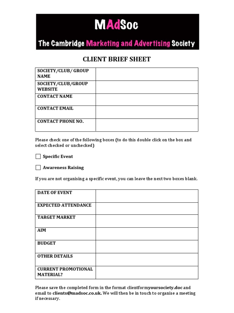 Client Brief Sheet for Events | PDF | Career & Growth | Business
