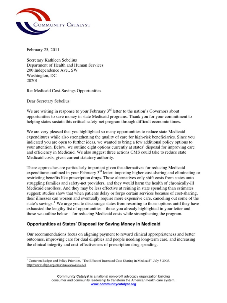 Community Catalyst 2/25/11 Letter To HHS Secretary With Medicaid Cost ...