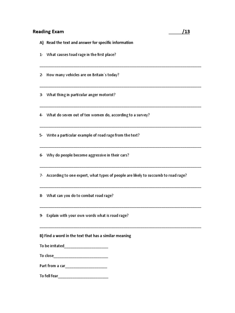 Reading Exam /13: A) Read The Text and Answer For Specific Information ...