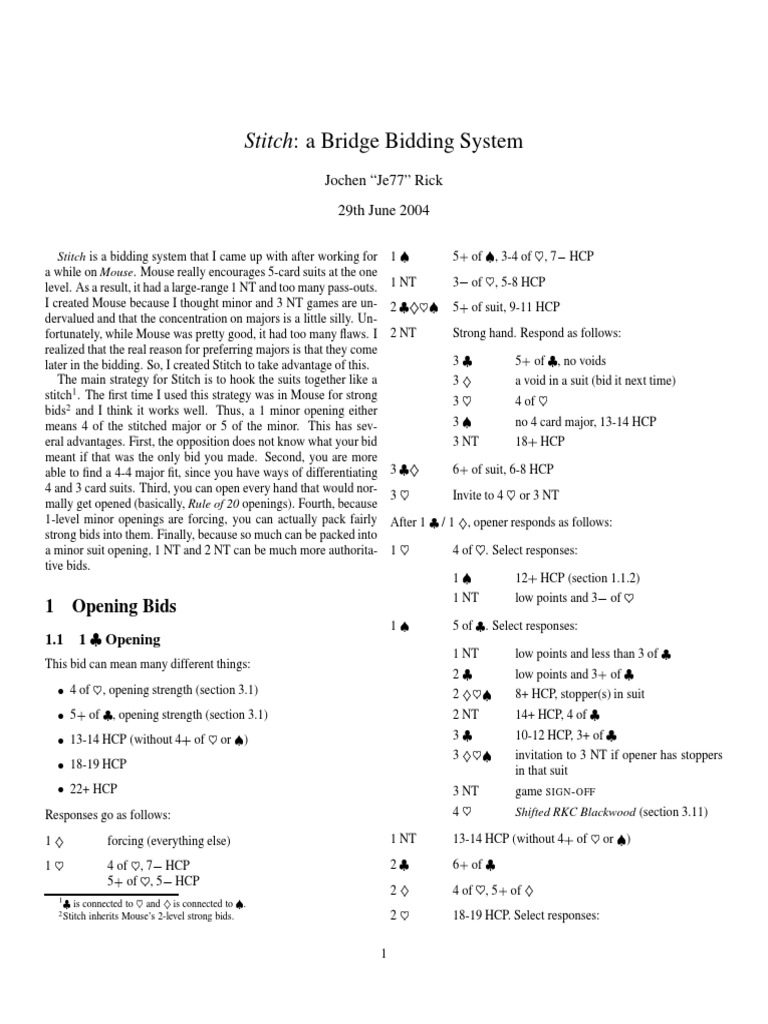 Stitch: A Bridge Bidding System: 1 Opening Bids | PDF | Contract Bridge ...