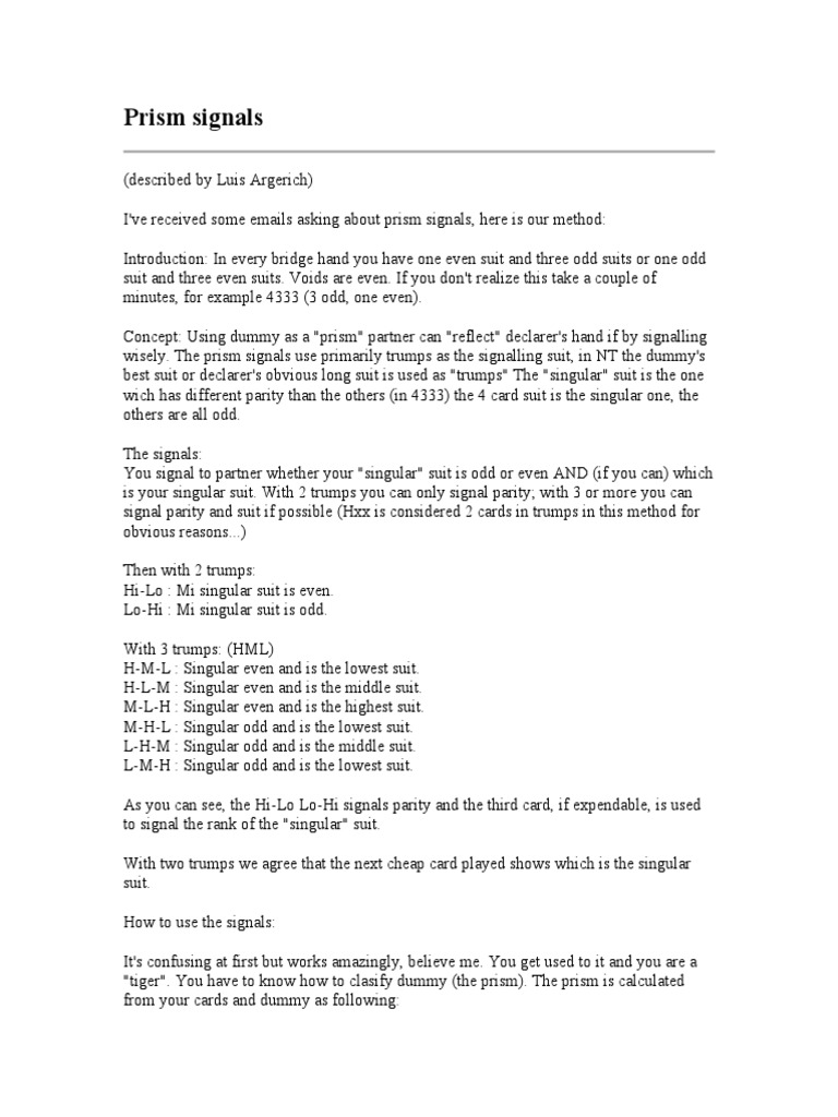 Prism Signals | PDF | Trick Taking Card Games | Contract Bridge
