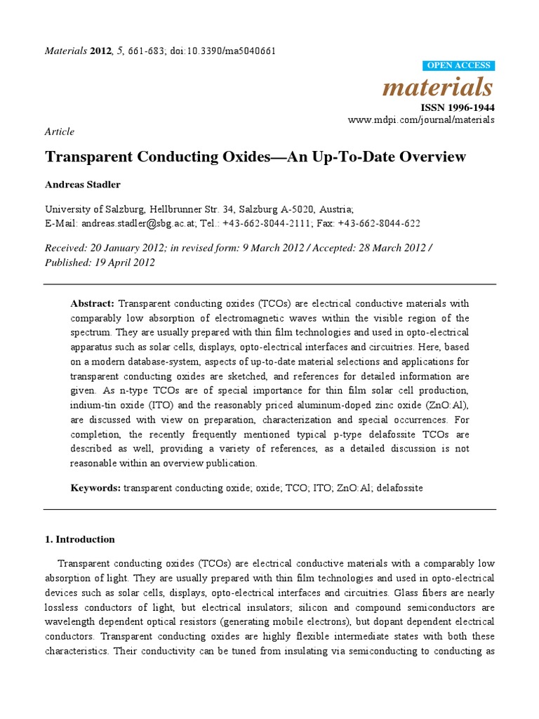 Transparent Conducting Oxides-An Up-To-Date Overview | PDF | Zinc Oxide ...