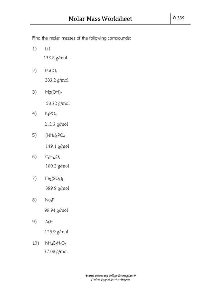 Molar Mass Worksheet With Answers Molar Mass Conversion Worksheet With