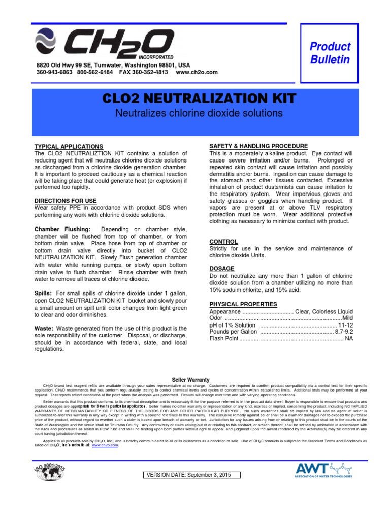 Clo2 Neutralization Kit: Neutralizes Chlorine Dioxide Solutions | PDF ...