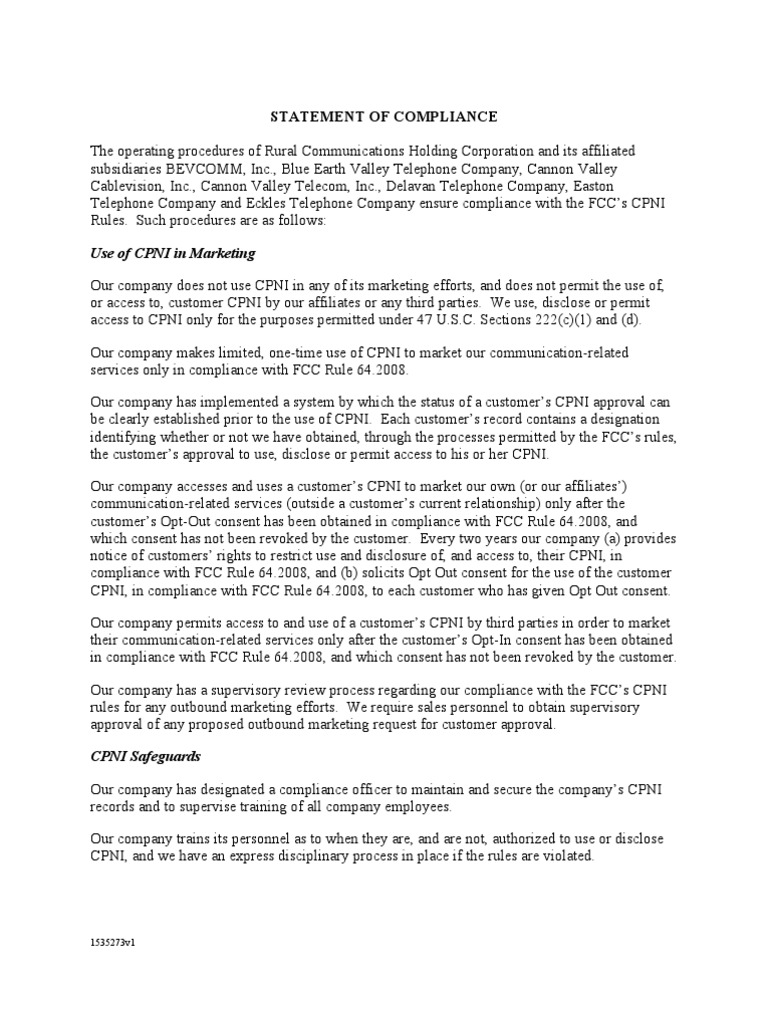 2010 CPNI Statement of Compliance | PDF | Federal Communications ...