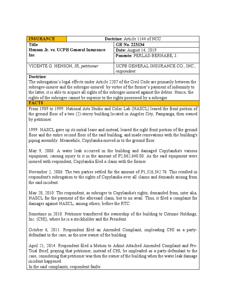 Henson JR vs. UCPB General Insurance Inc | PDF | Subrogation | Common Law