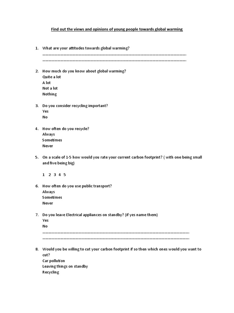 Global Warming Questionnaire | PDF | Wellness