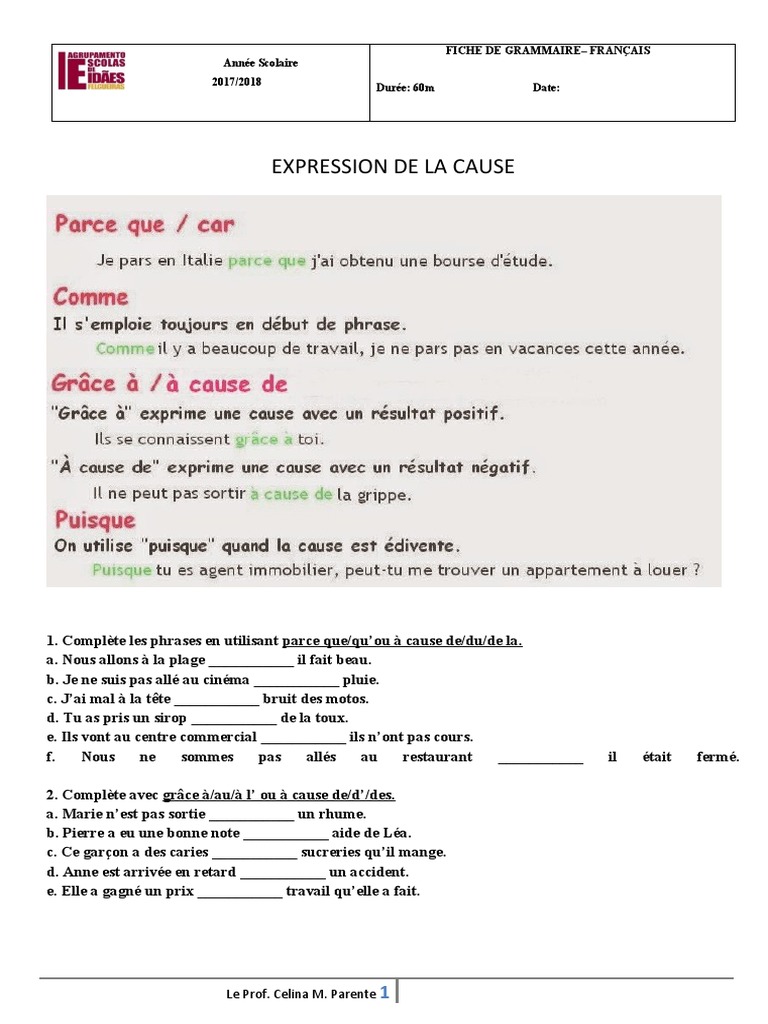 Fiche de Grammaire La Cause Exercice Grammatical Feuille Dexercices Fiche Peda - 104668 | PDF ...