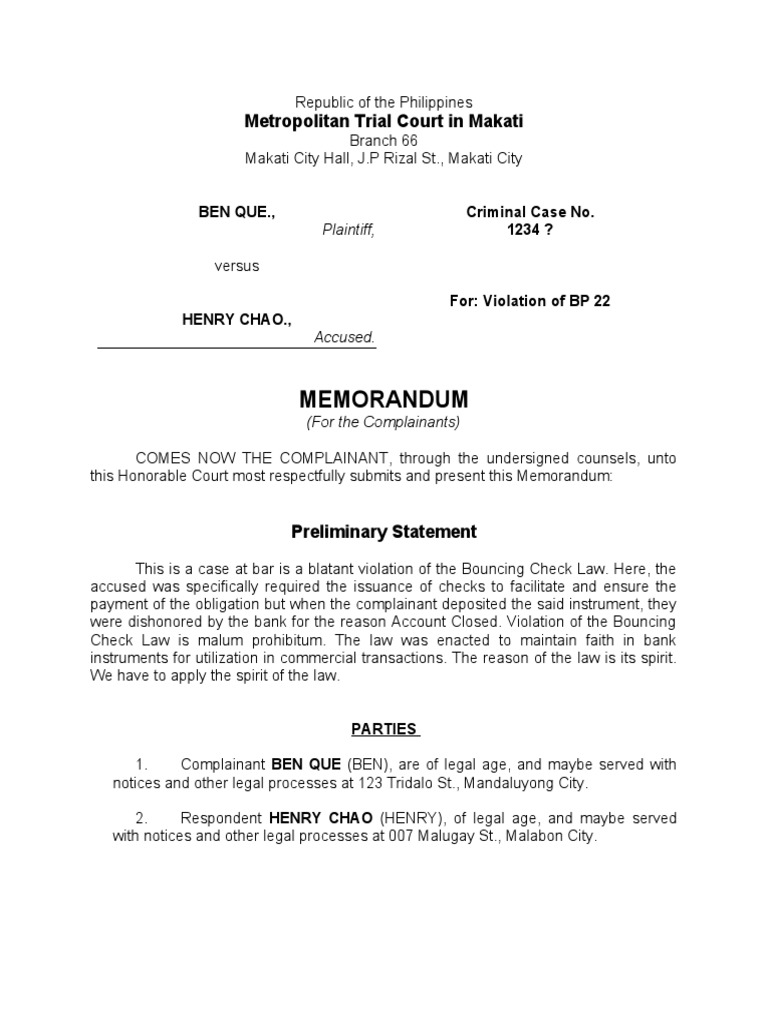 Memorandum: Metropolitan Trial Court in Makati | PDF | Cheque | Common Law