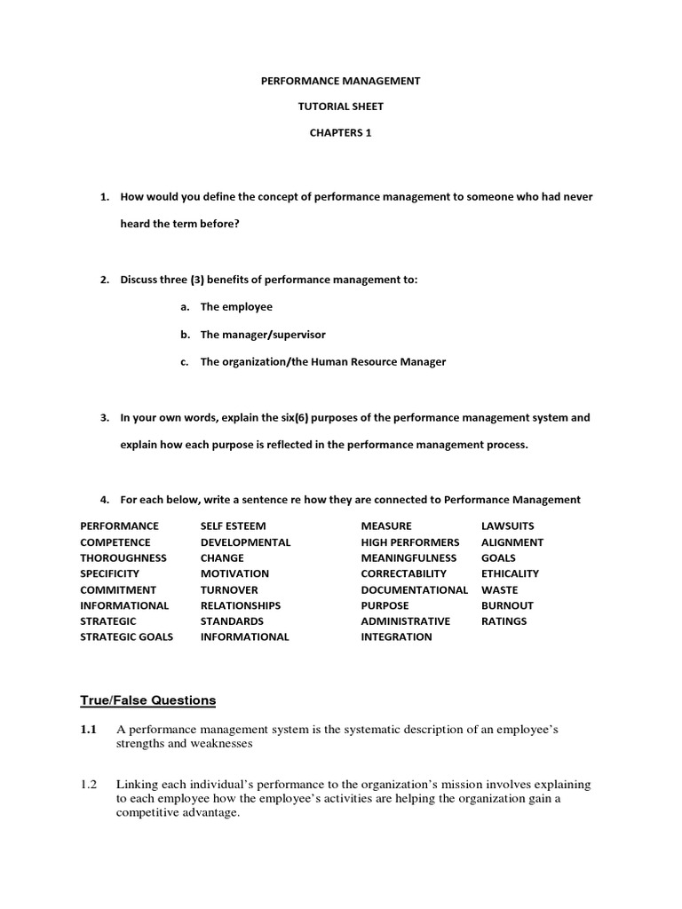 PERFORMANCE MANAGEMENT Tutorial Sheet - Chapter 1 | PDF