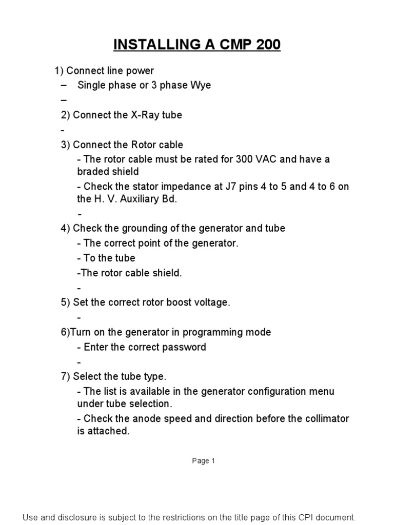 Installing A CMP 200: Use and Disclosure Is Subject To The Restrictions ...