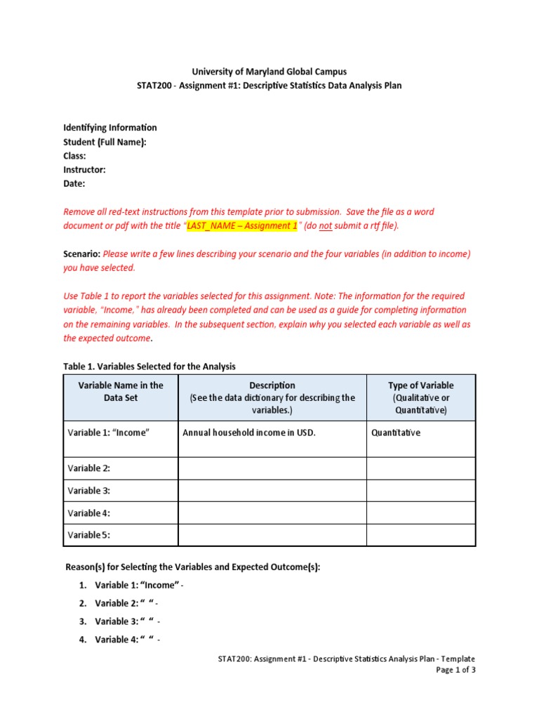 Assignment #1 Template - Descriptive Statistics Data Analysis Plan ...