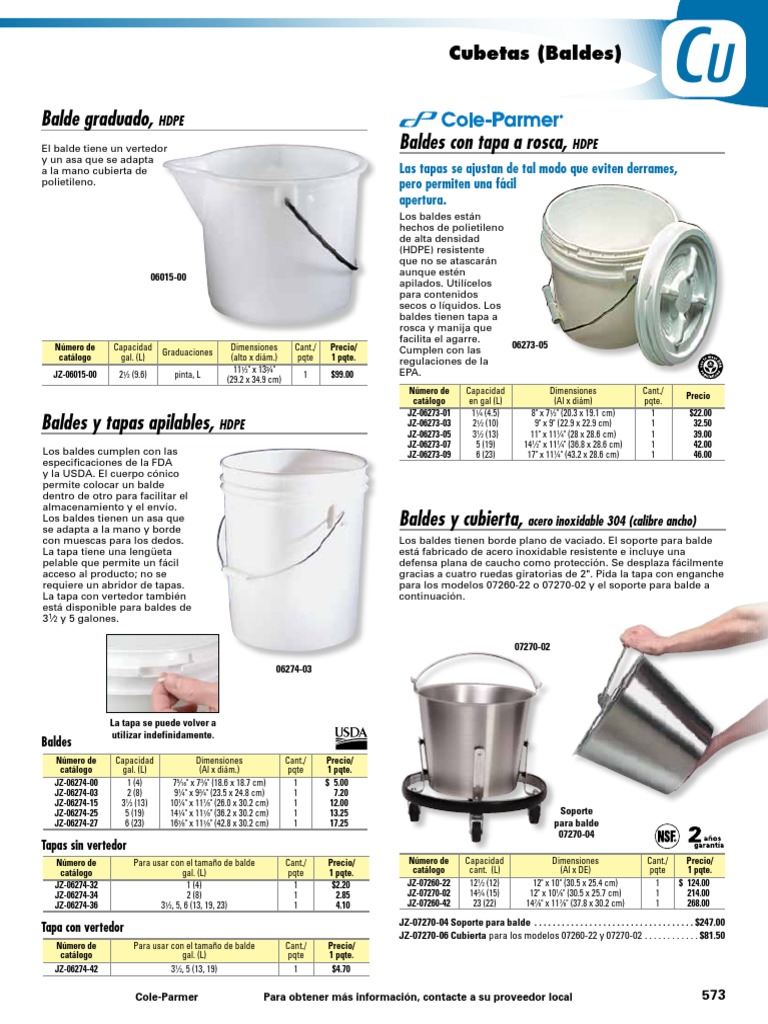 Baldes y cubetas de plástico y acero inoxidable para almacenamiento y ...