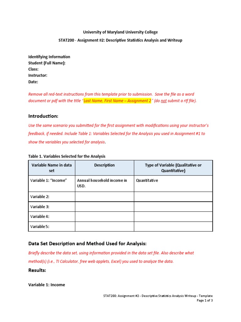 Assignment #2 Template - Descriptive Statistics Data Analysis | PDF | Descriptive Statistics ...