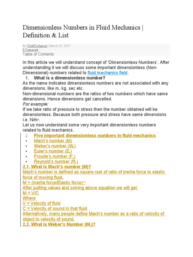 Dimensionless Numbers in Fluid Mechanics | PDF | Mach Number | Force