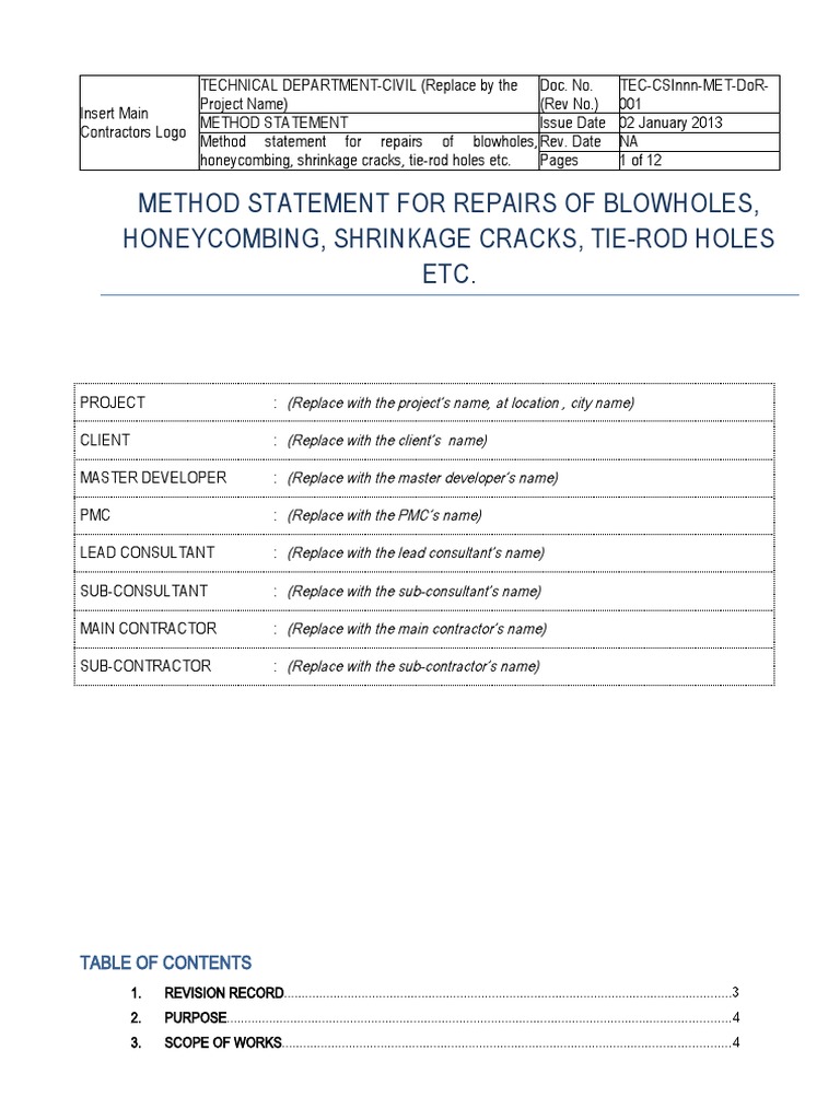 Method Statement For Repairs of Blowholes, Honeycombing, Shrinkage Cracks, Tie-Rod Holes Etc ...