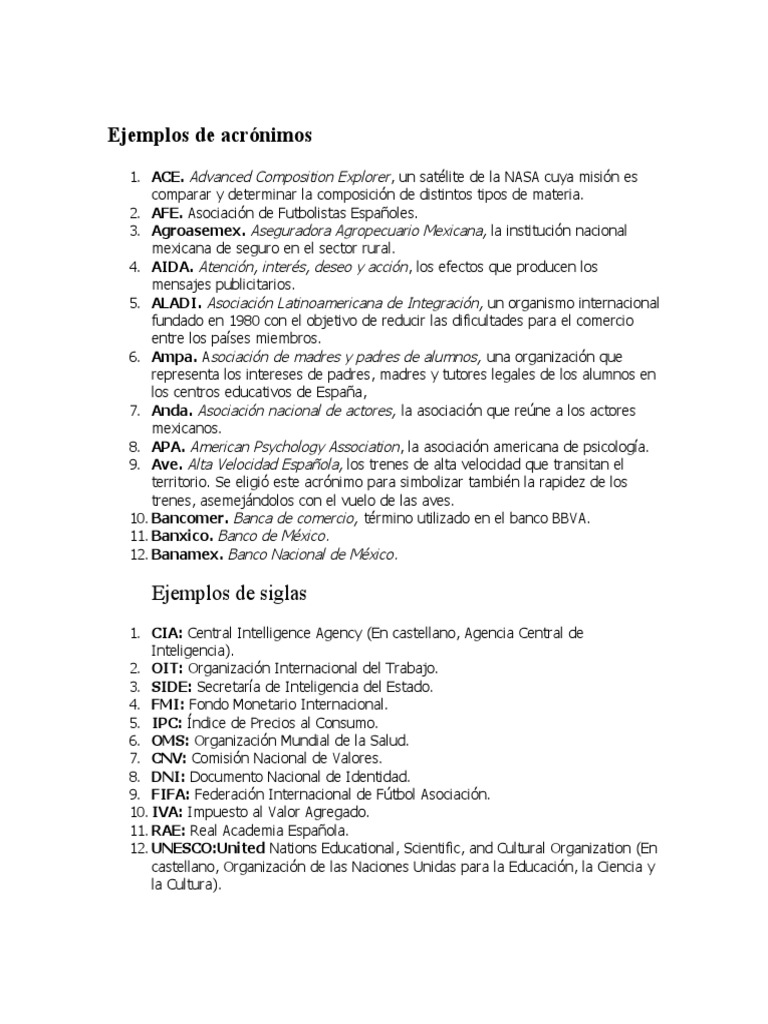 Acrónimos y Siglas: Ejemplos Clave | PDF | Ciencias sociales