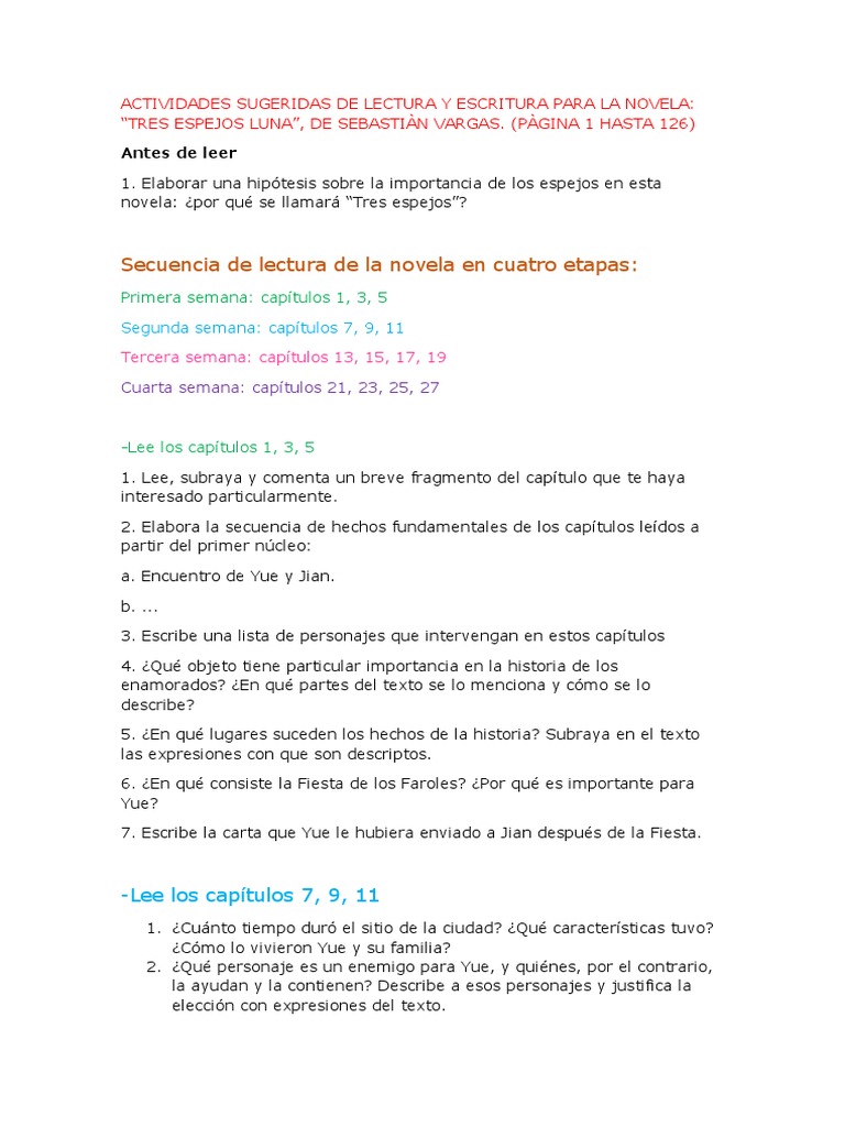 Actividades Sugeridas de Lectura y Escritura para La Novela | PDF | Libros