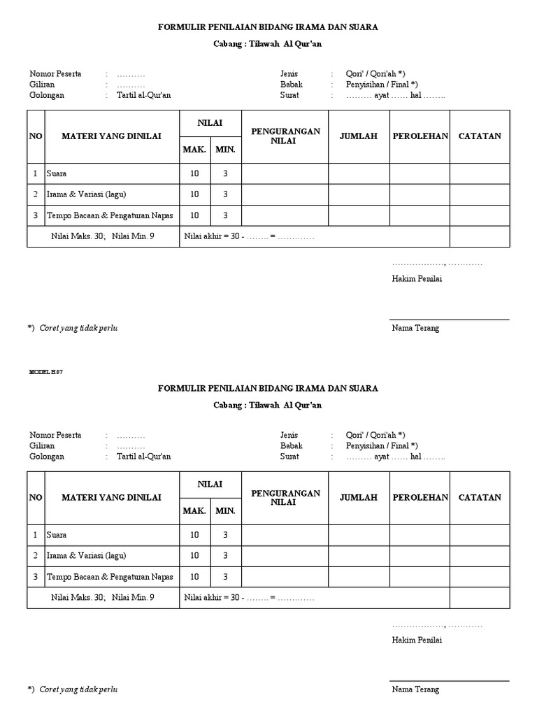 Form Penilaian MTQ Cabang Tilawah (A4) Untuk Dicetak | PDF