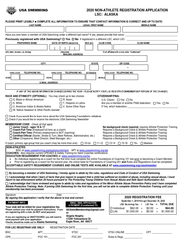 Usa Swimming 2020 Non-Athlete Registration Application LSC: Alaska ...