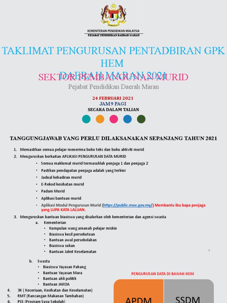 TAKLIMAT PENGURUSAN PENTADBIRAN HEM SPMD MARAN 2021 | PDF