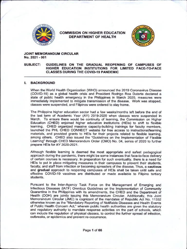 CHED DOH Joint Memorandum Circular No. 2021 001 Guidelines On The ...