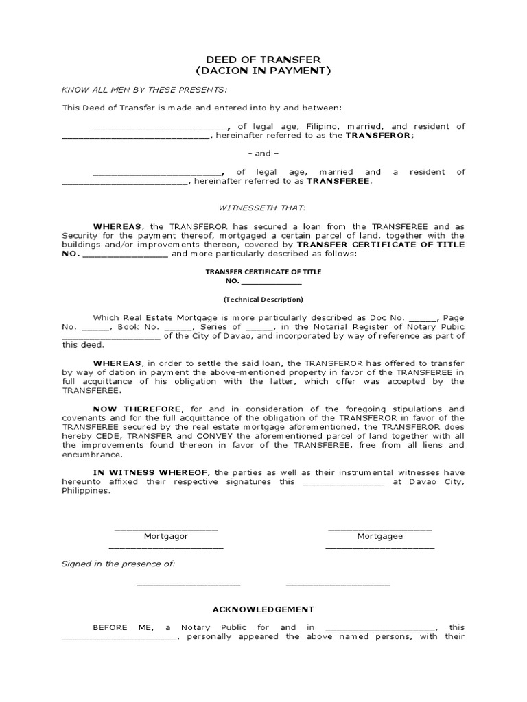 Deed of Transfer - Dacion in Payment - Template | PDF | Mortgage Law | Deed