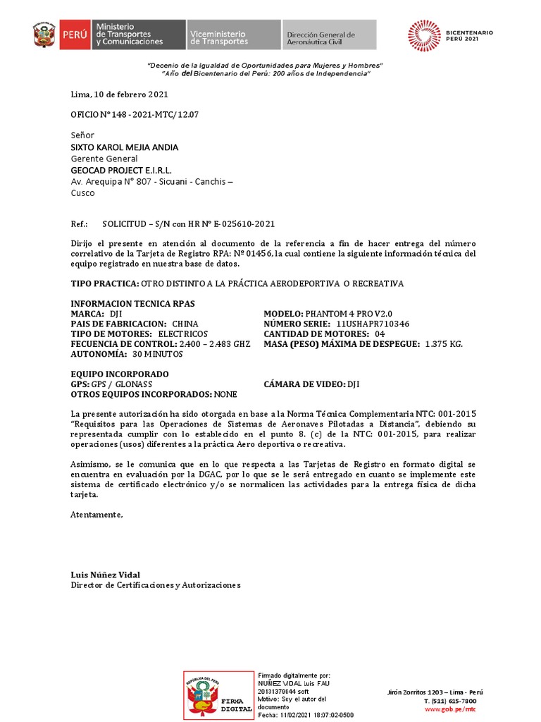 Registro de RPA en Perú: Tarjeta N° 01456 | PDF