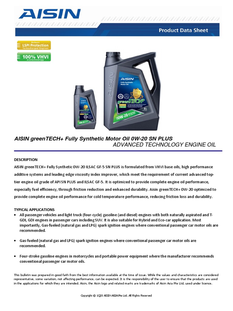 AISIN greenTECH FULLY SYNTHETIC MOTOR OIL SN-PLUS 0W-20 PDS | PDF | Motor Oil | Engines
