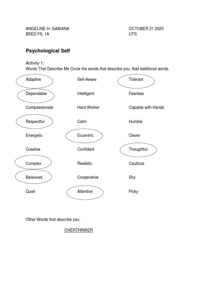 Psychological Self: Activity 1 | PDF | Psychology | Human Nature