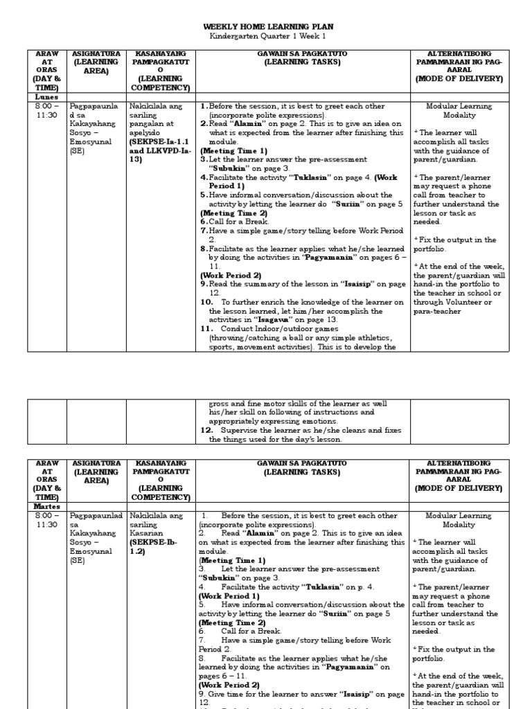 Kindergarten SAMPLE WEEKLY HOME LEARNING PLAN Final | PDF | Learning ...