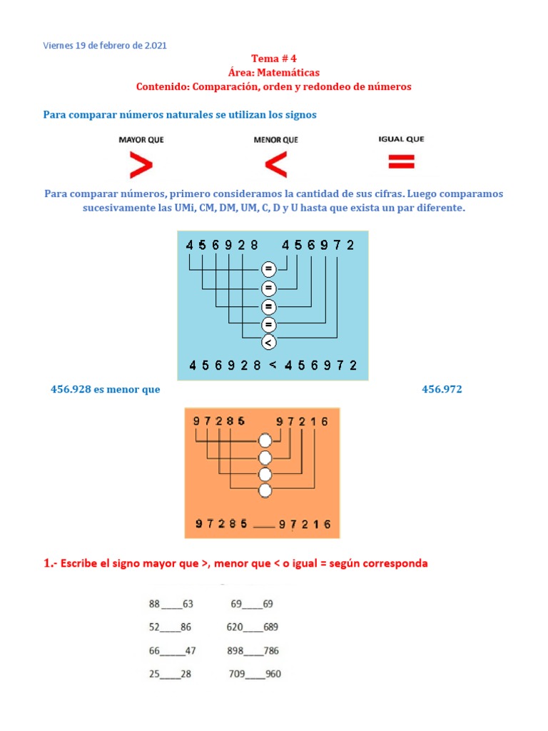 Tema 4 Comparacion, Orden y Redondeo de Números | PDF | Métodos y ...