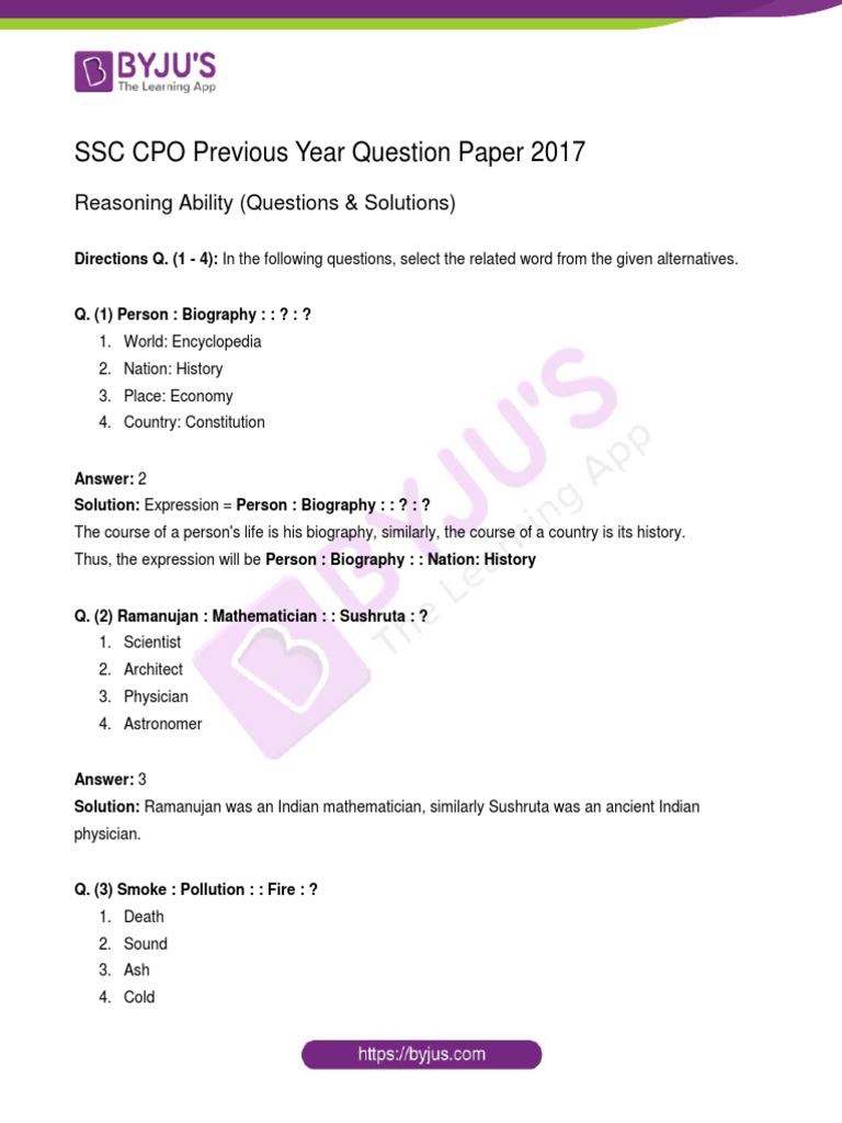 SSC CPO Previous Year Question Paper 2017: Reasoning Ability (Questions & Solutions) | PDF ...