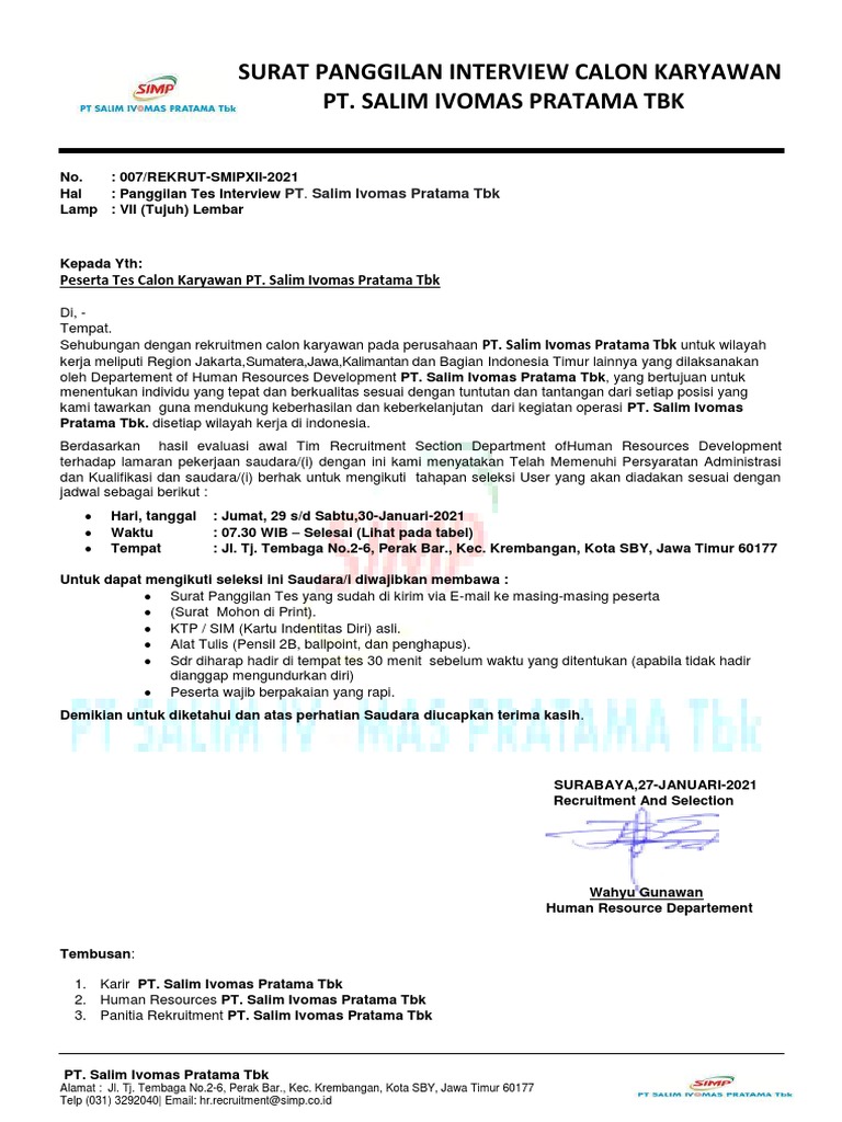 Panggilan Interview PT Salim Ivomas | PDF
