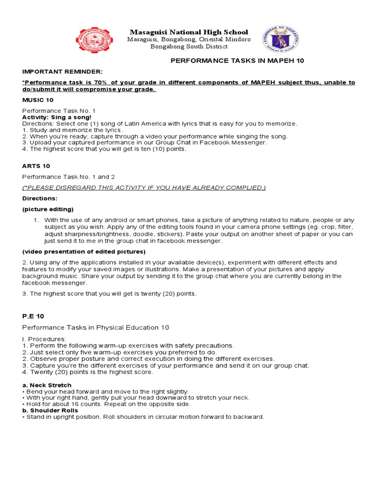 Performance Tasks in Mapeh 10 | PDF | Foot | Hand