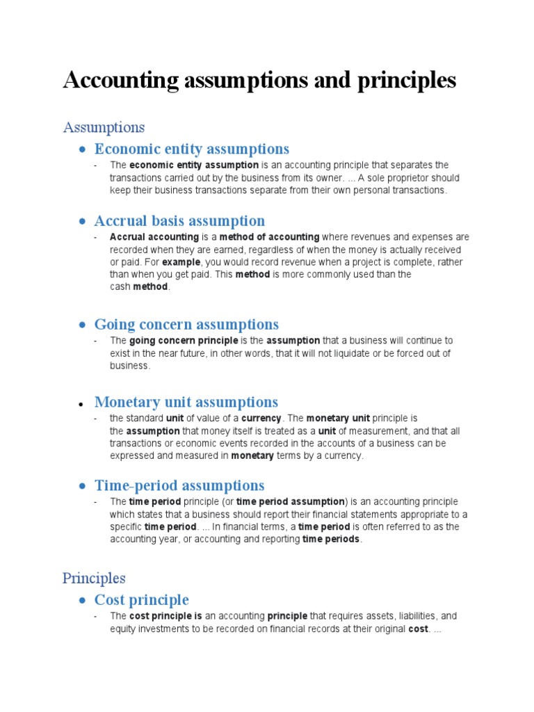 Accounting Assumptions and Principles | PDF | Historical Cost ...