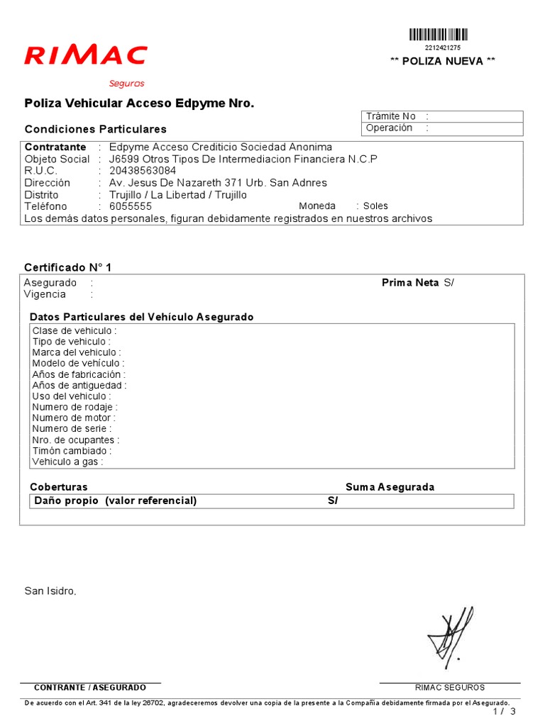 Ejemplo de Póliza de Seguro Vehicular | PDF | Póliza de seguros | Seguro