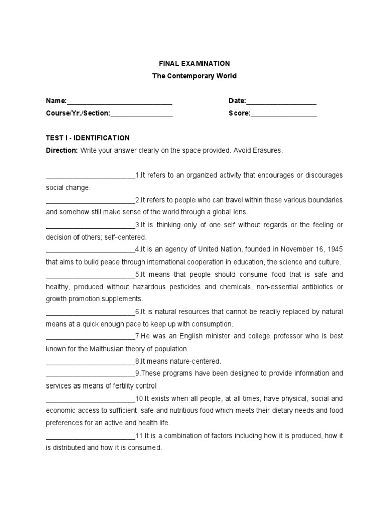 Contemporary Final Examination | PDF | Foods | Food Security
