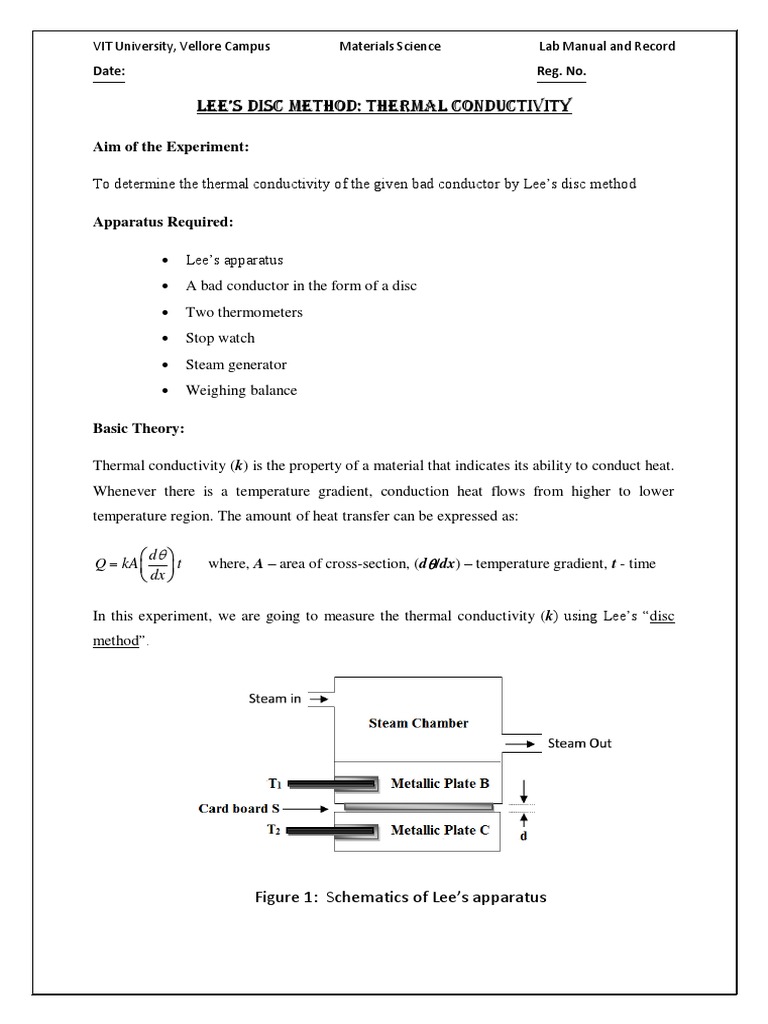 Lee's Disc Method: Thermal Conductivity: Aim of The Experiment ...