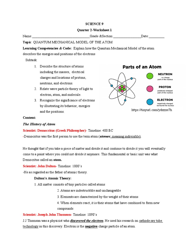 Science 9 Quarter 2-Worksheet 1: The History of Atom | PDF