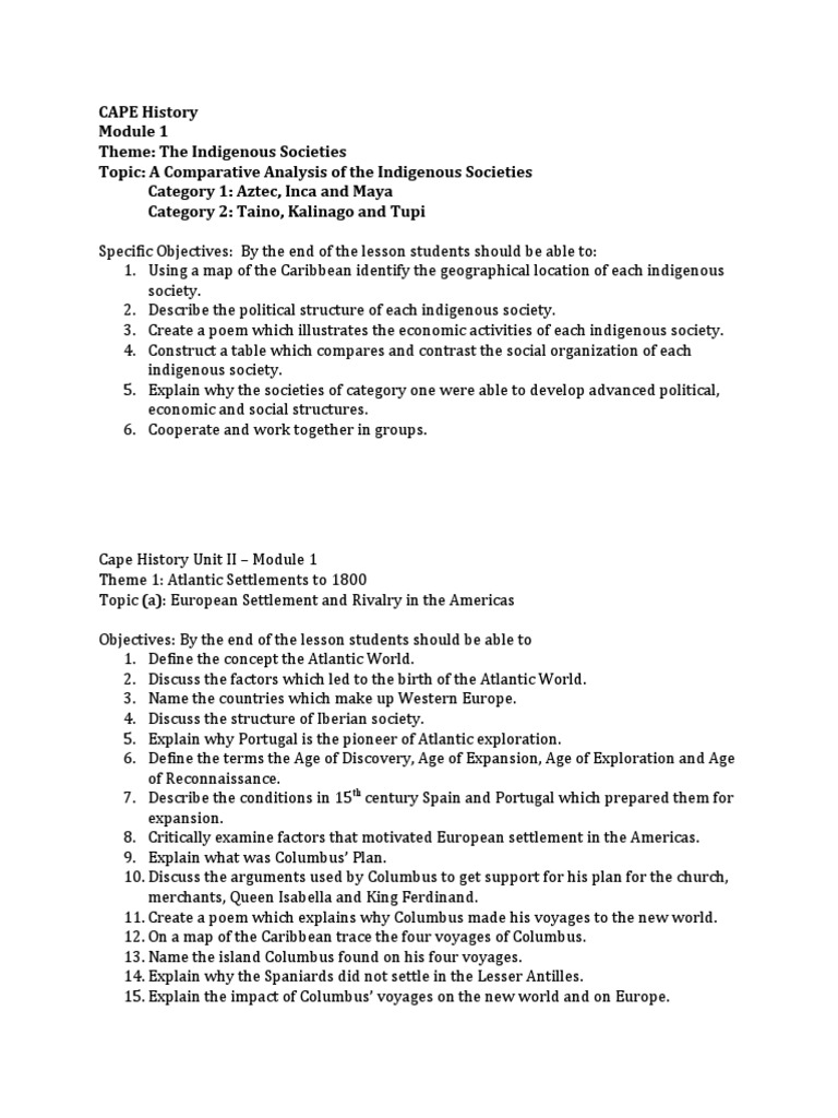 CAPE History oBJECTIVES CONTENT AND QUESTIONS PART 2 | PDF | European ...