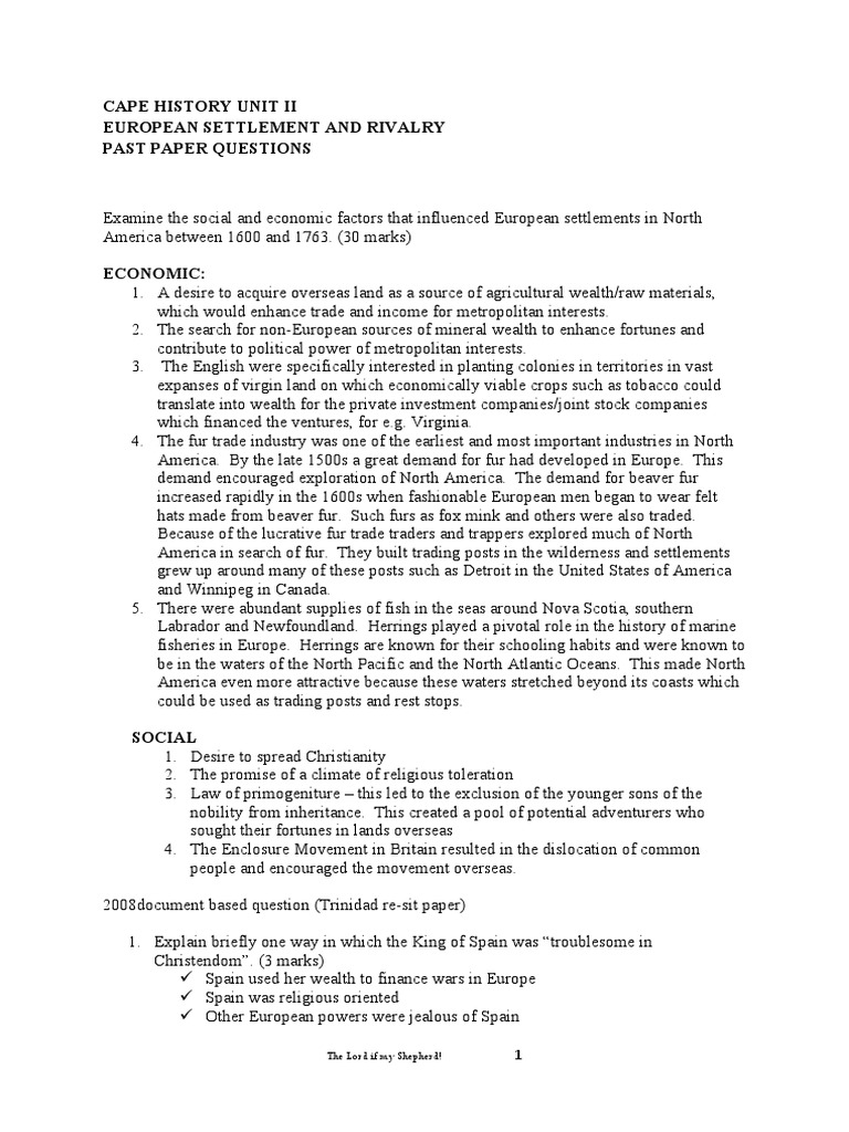 CAPE HISTORY UNIT II European Settlement and Rivalry Past Paper ...