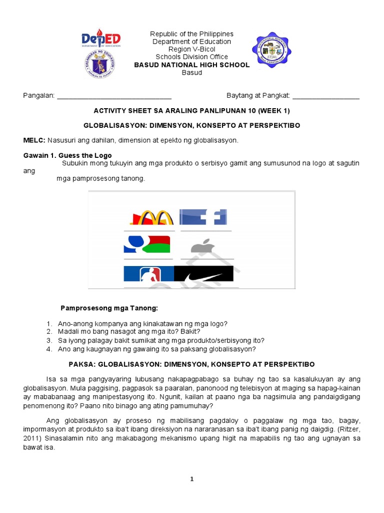 AP 10 WK 1 Activity Sheet | PDF